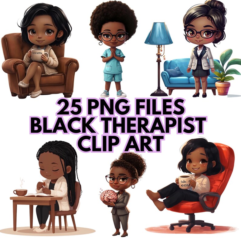 Black Therapist Chibi Clip Art, Black Mental Health Graphics (digital ...