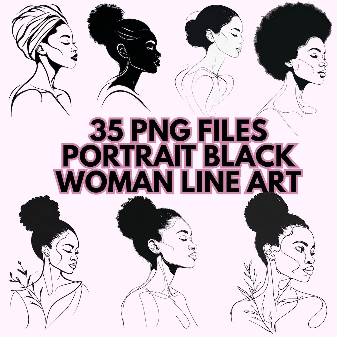 Black Woman Line Art Portraits Clip Art Bundle | 35 PNG Minimalist ...