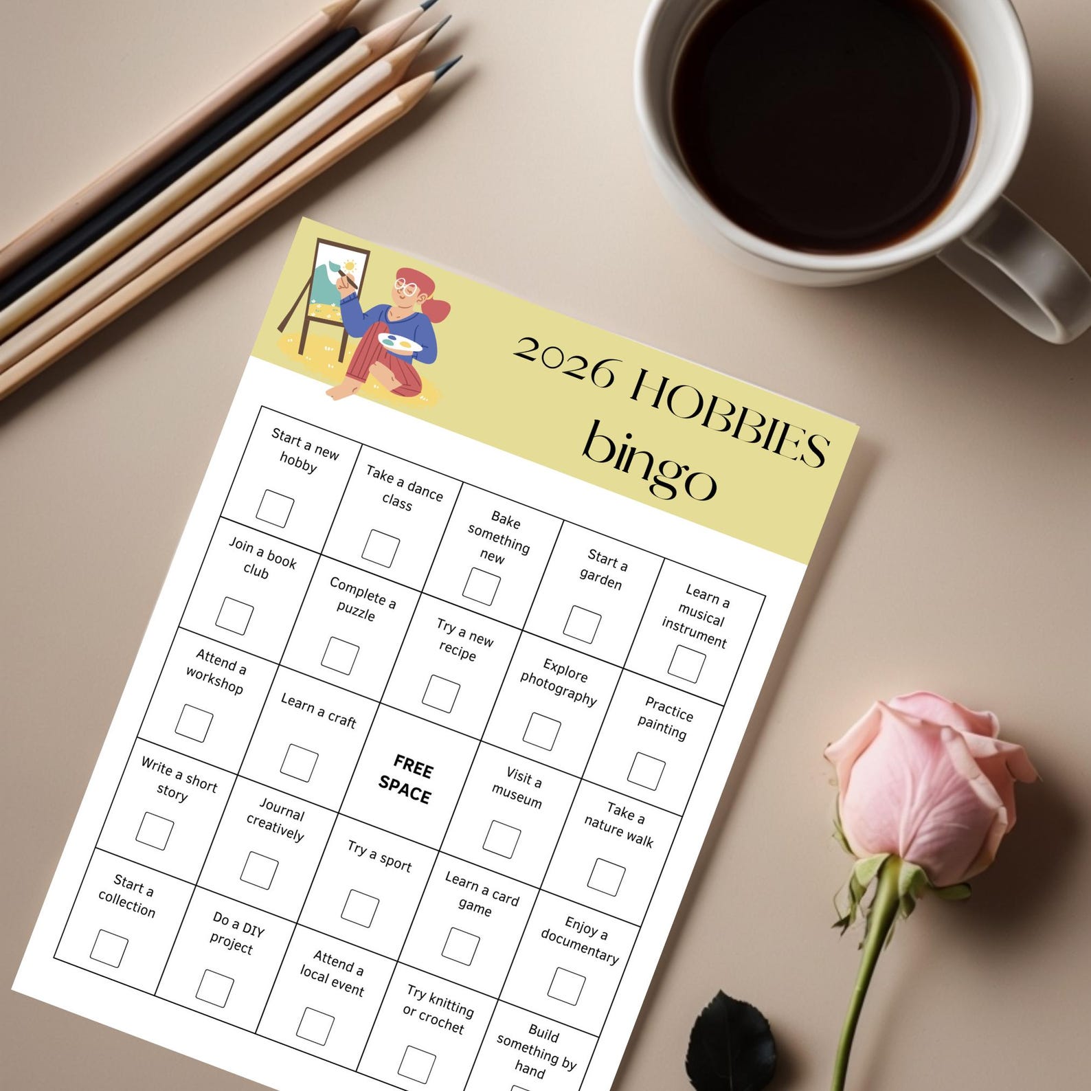 2026 Hobbies Bingo Card Printable | New Year Self Discovery Game ...