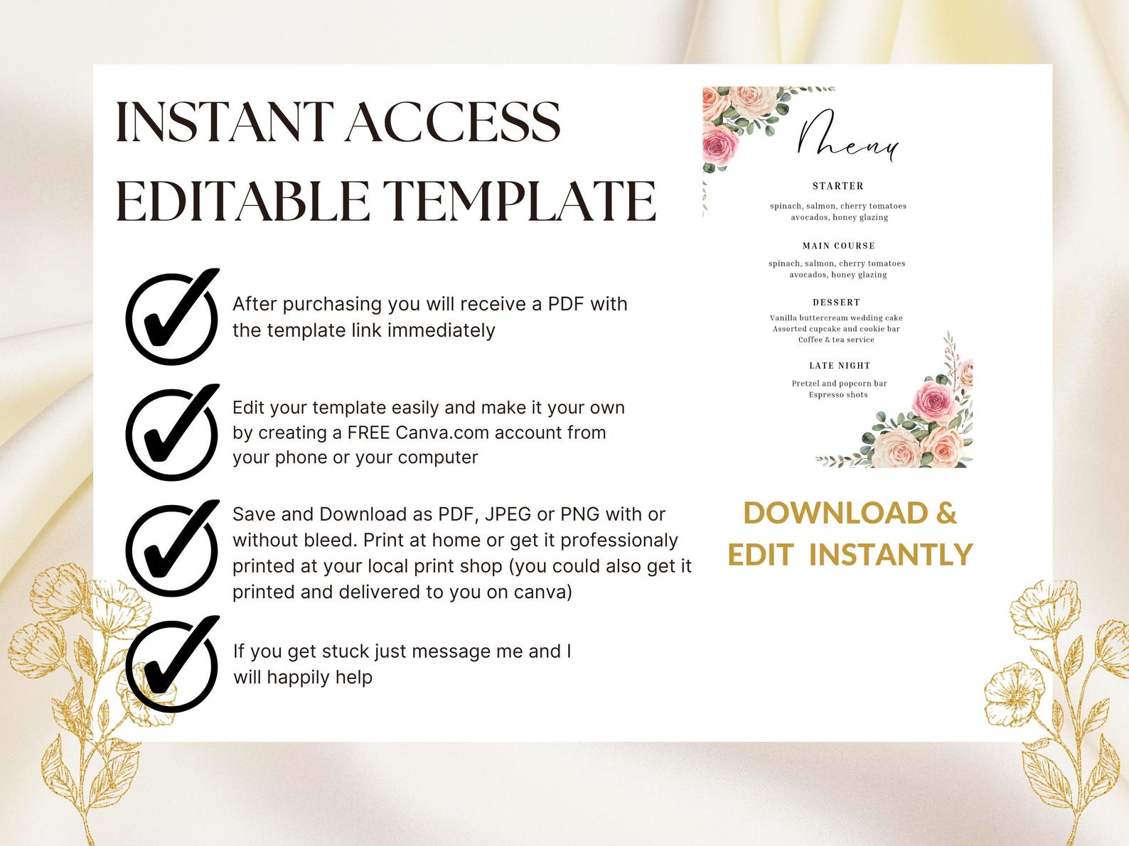 Editable Wedding Menu Template | Printable Floral Wedding Reception ...