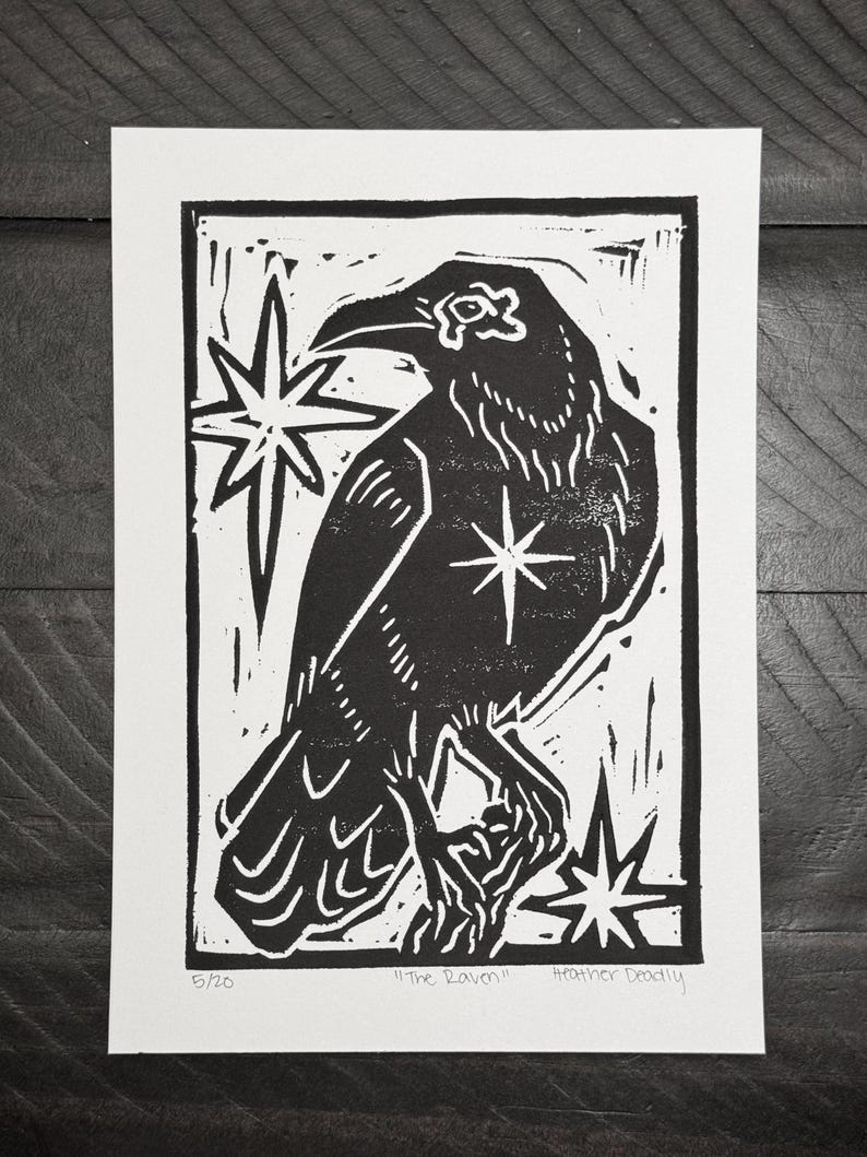 The Raven - Linocut Wood Block Print in Black, Hand Carved Printmaking ...
