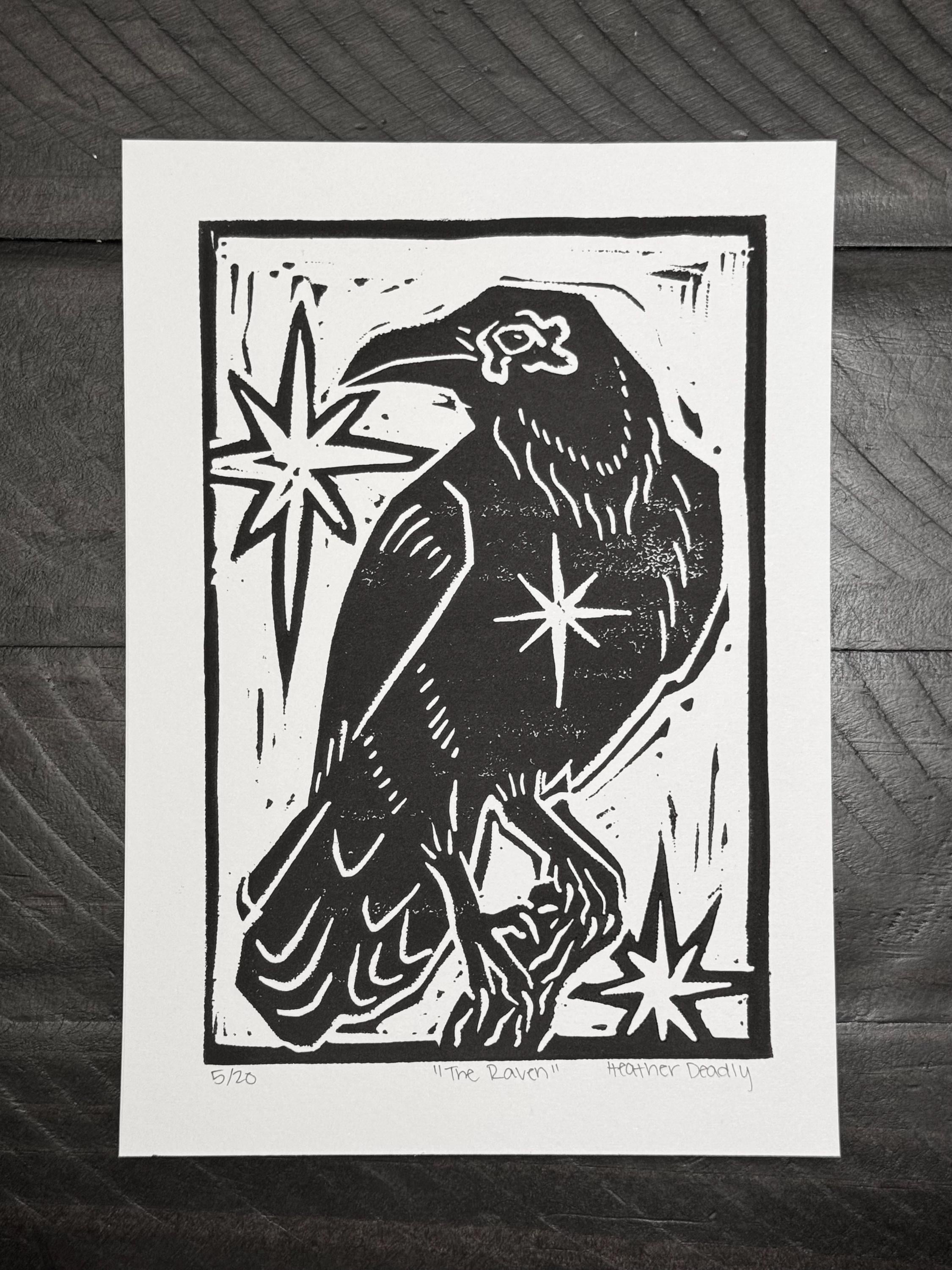 The Raven - Linocut Wood Block Print in Black, Hand Carved Printmaking ...