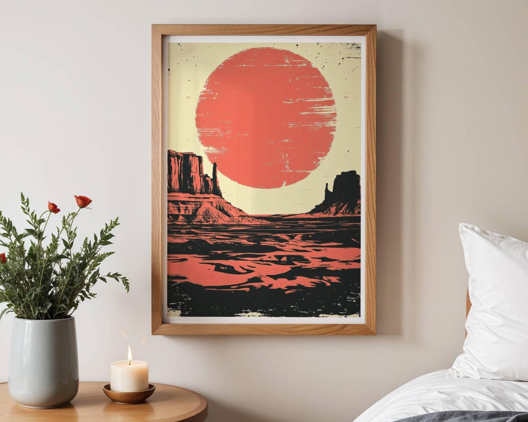 Desert Landscape Poster, Retro Red Sun Western Art Print, Monument ...