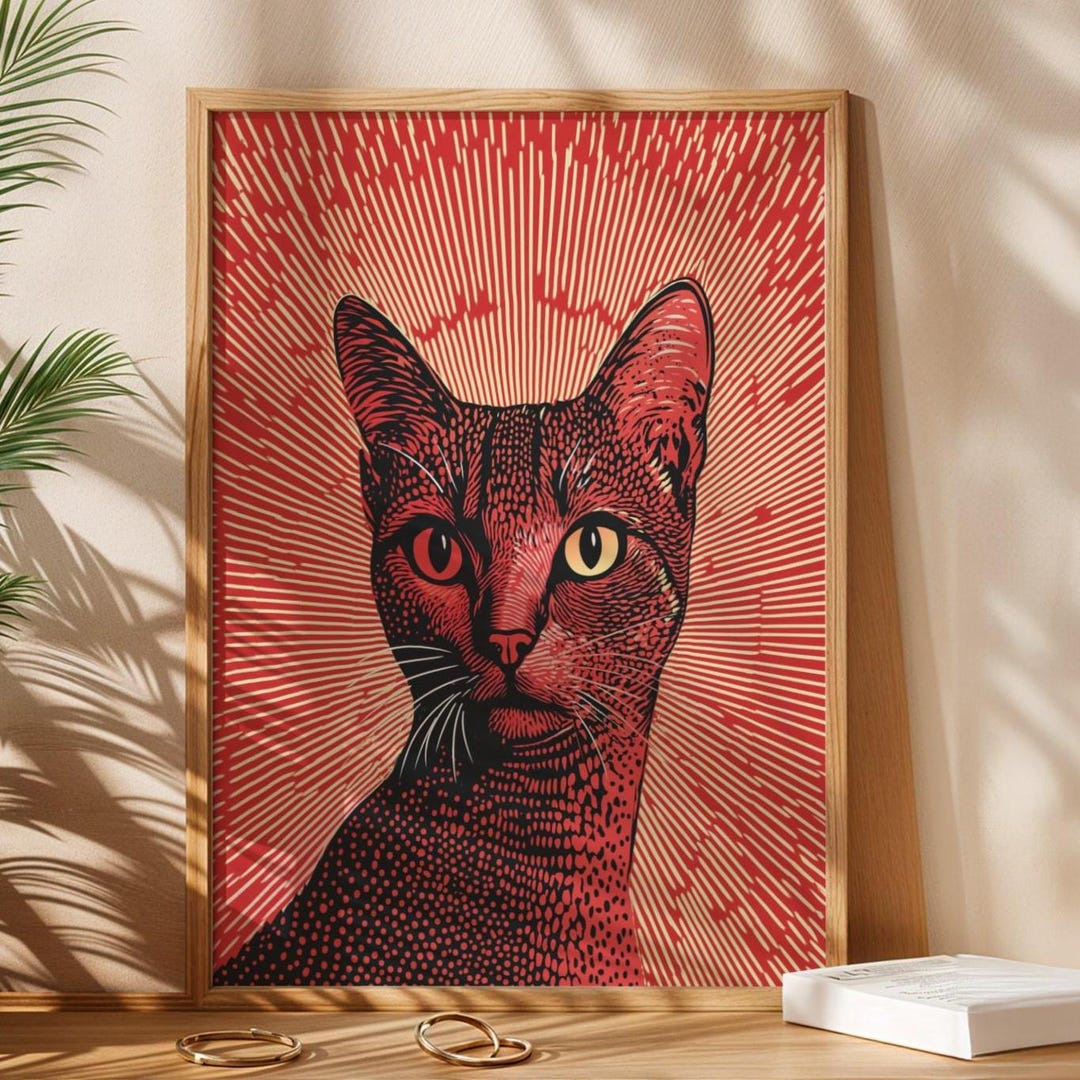 Funky Pop Art Cat Poster, Retro Graphic Cat Print, Red Psychedelic 70s ...