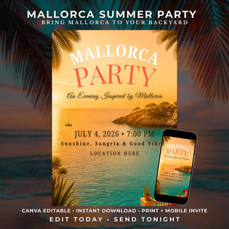 Mallorca Party Invitation Template, Pool Party Invite, Summer Party ...