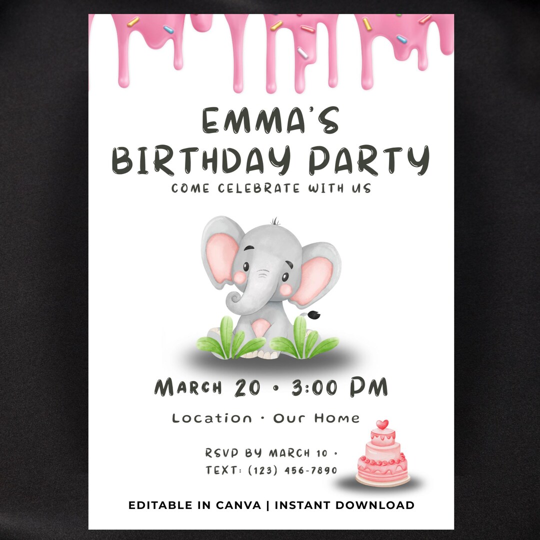 Girl Elephant Birthday Invitation,pink Kids Birthday Invite,animal ...