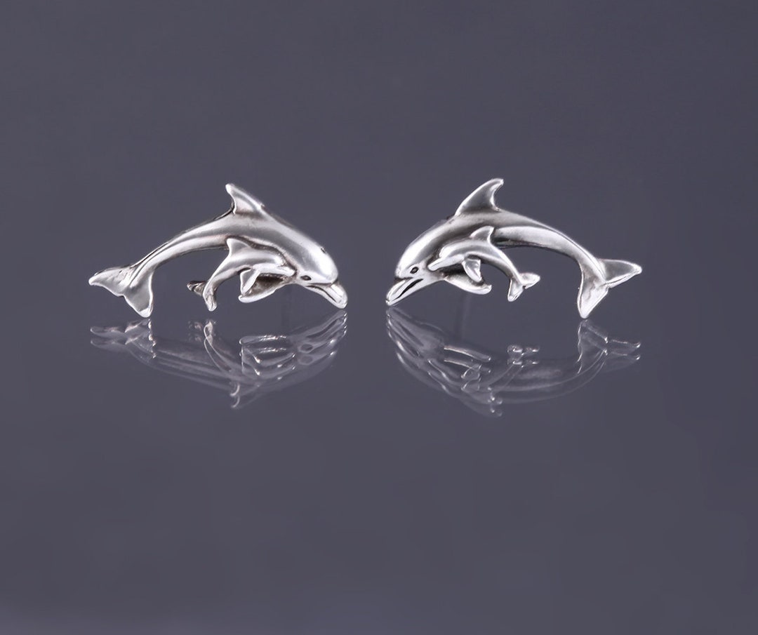 Sterling Silver Dolphin Studs Earrings 925 Designer Signed Nautical ...