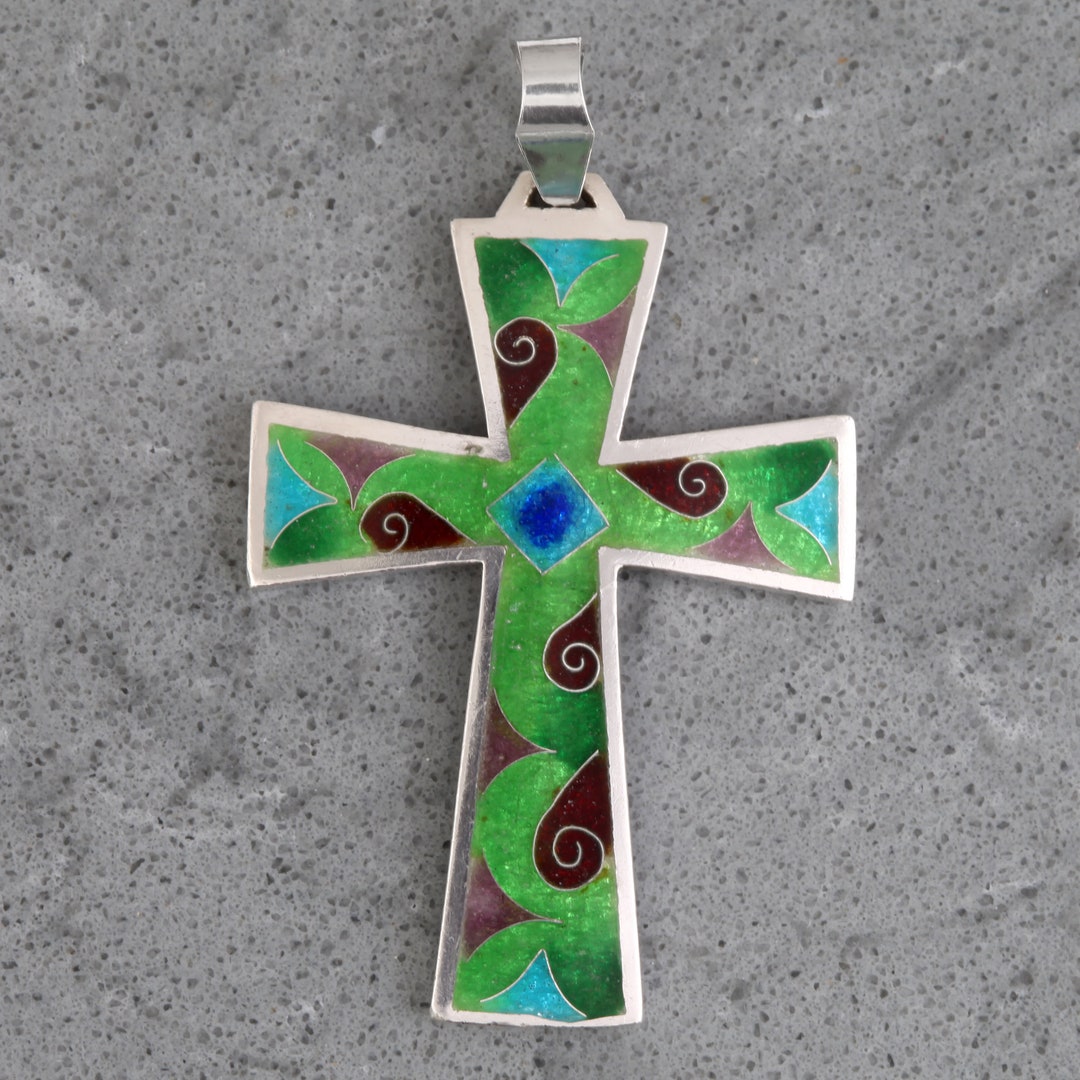 925 Sterling Silver Enamel Cross Pendant for Necklace Green Multi Color ...