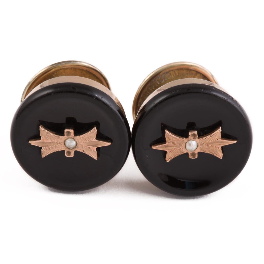 Antique Victorian Mourning Cufflinks or Collar Shirt Studs Round Black ...