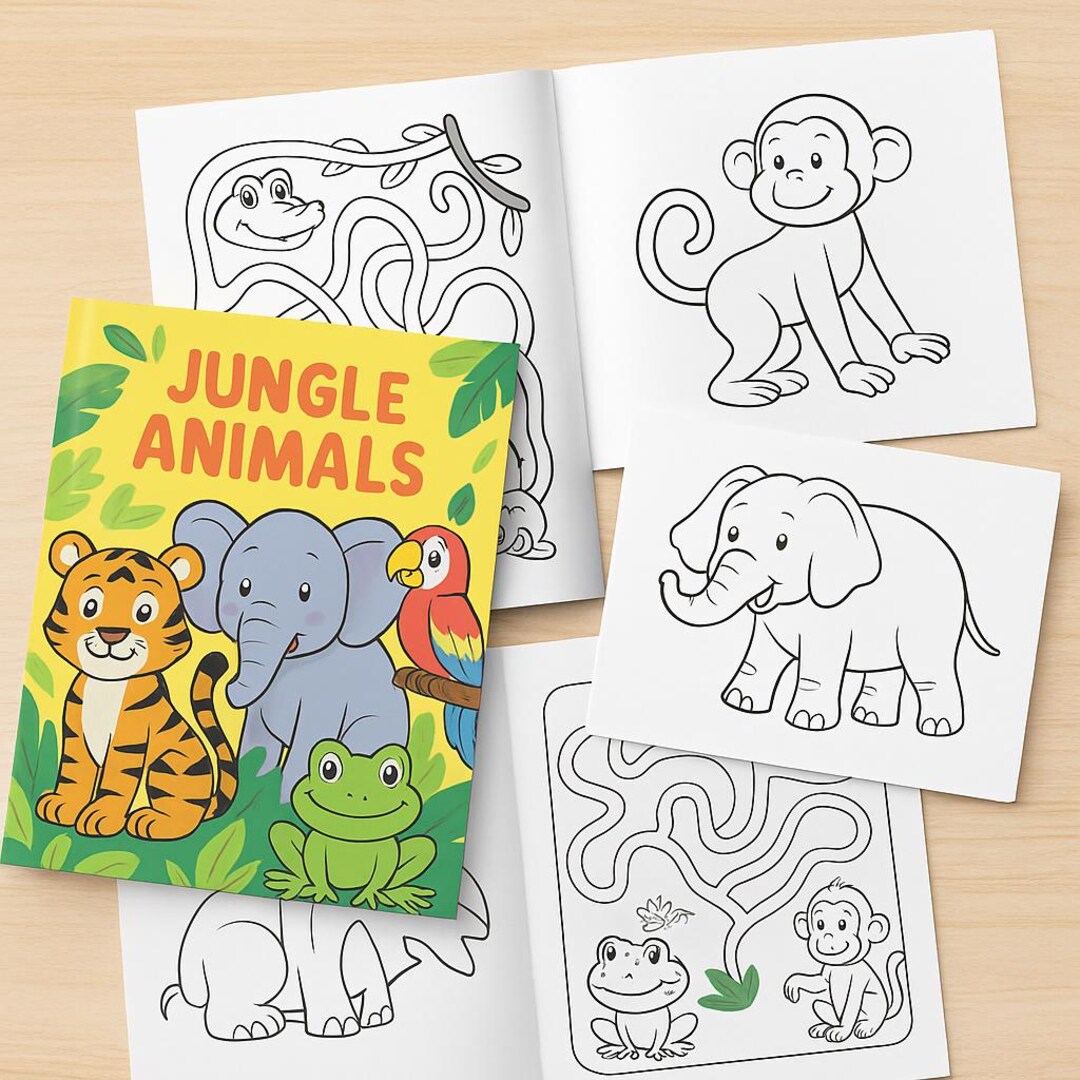 Jungle Animals Coloring Book for Kids | Mazes & Dot-to-dot (printable ...