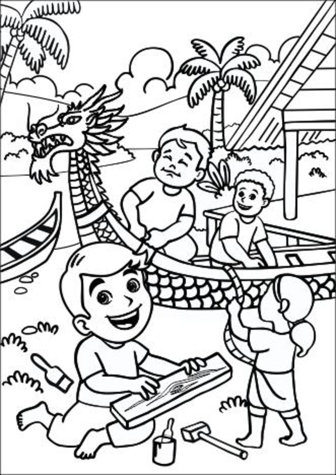 Dragon Boat Festival Coloring Page for Kids | Traditional Boat Scene ...