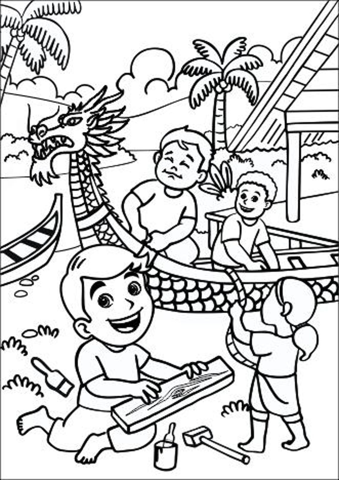 Dragon Boat Festival Coloring Page for Kids | Traditional Boat Scene ...