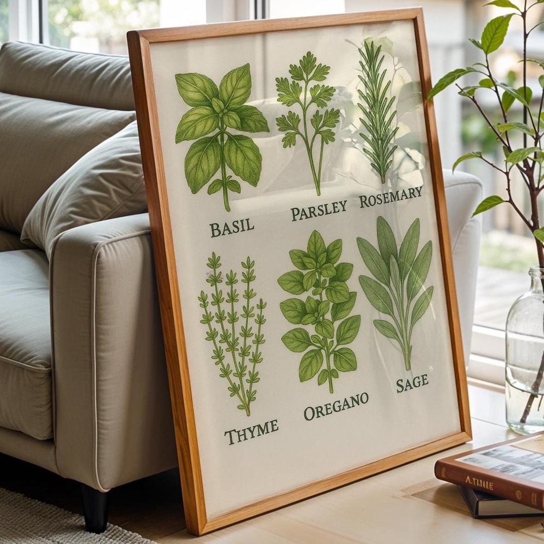 Vintage Herb Chart Poster | Botanical Kitchen Wall Art Featuring ...