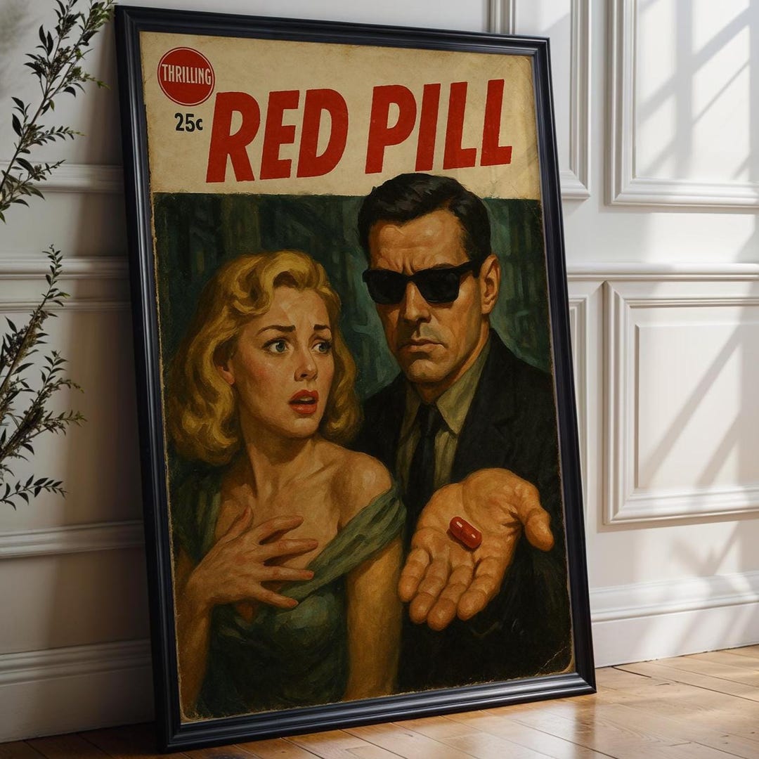 Red Pill Vintage Poster – Retro Pulp Fiction Sci-fi Wall Art, Dramatic ...