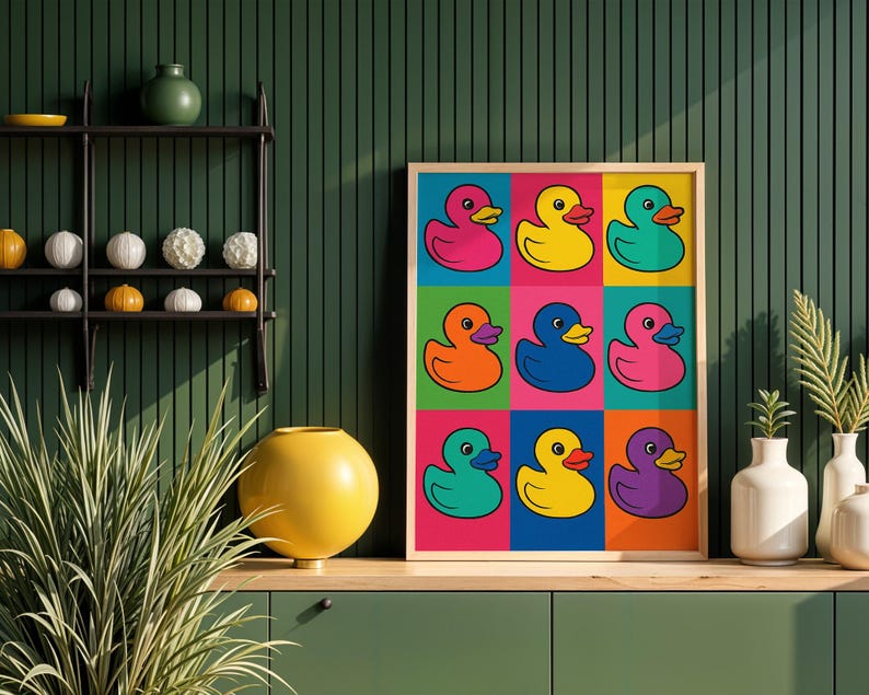 Pop Art Rubber Duck Poster | Bright Retro Bath Toy Wall Art | Colorful Kids Bathroom Decor ...