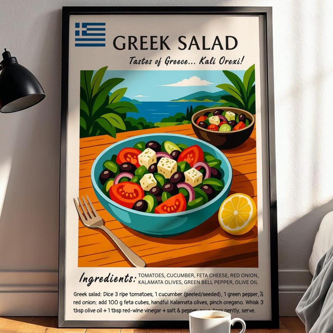 Greek Salad Poster Print – Mediterranean Recipe Wall Art, Colorful Food ...