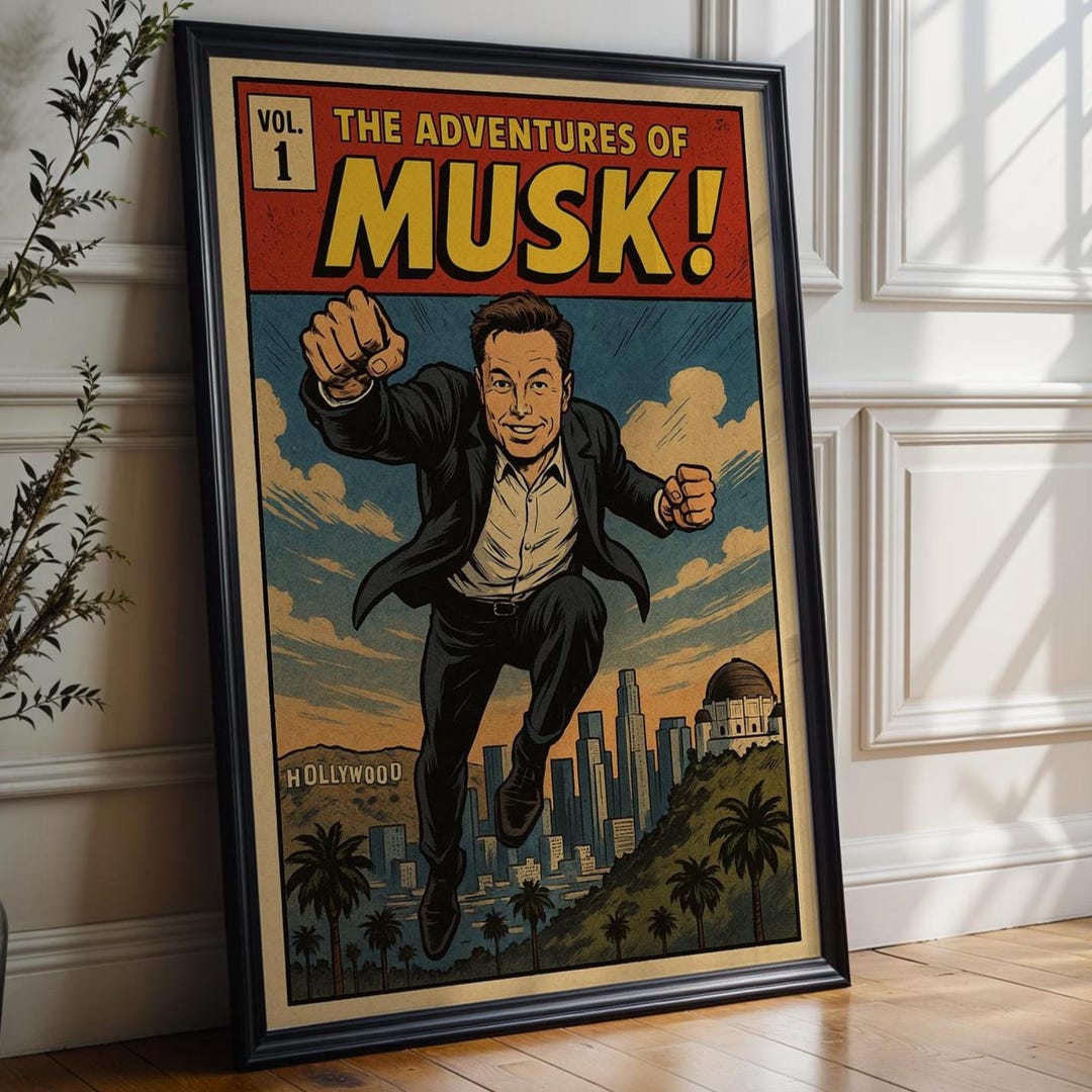 Musk Comic Poster – Elon Musk Superhero Parody Print, Retro Comic Wall ...