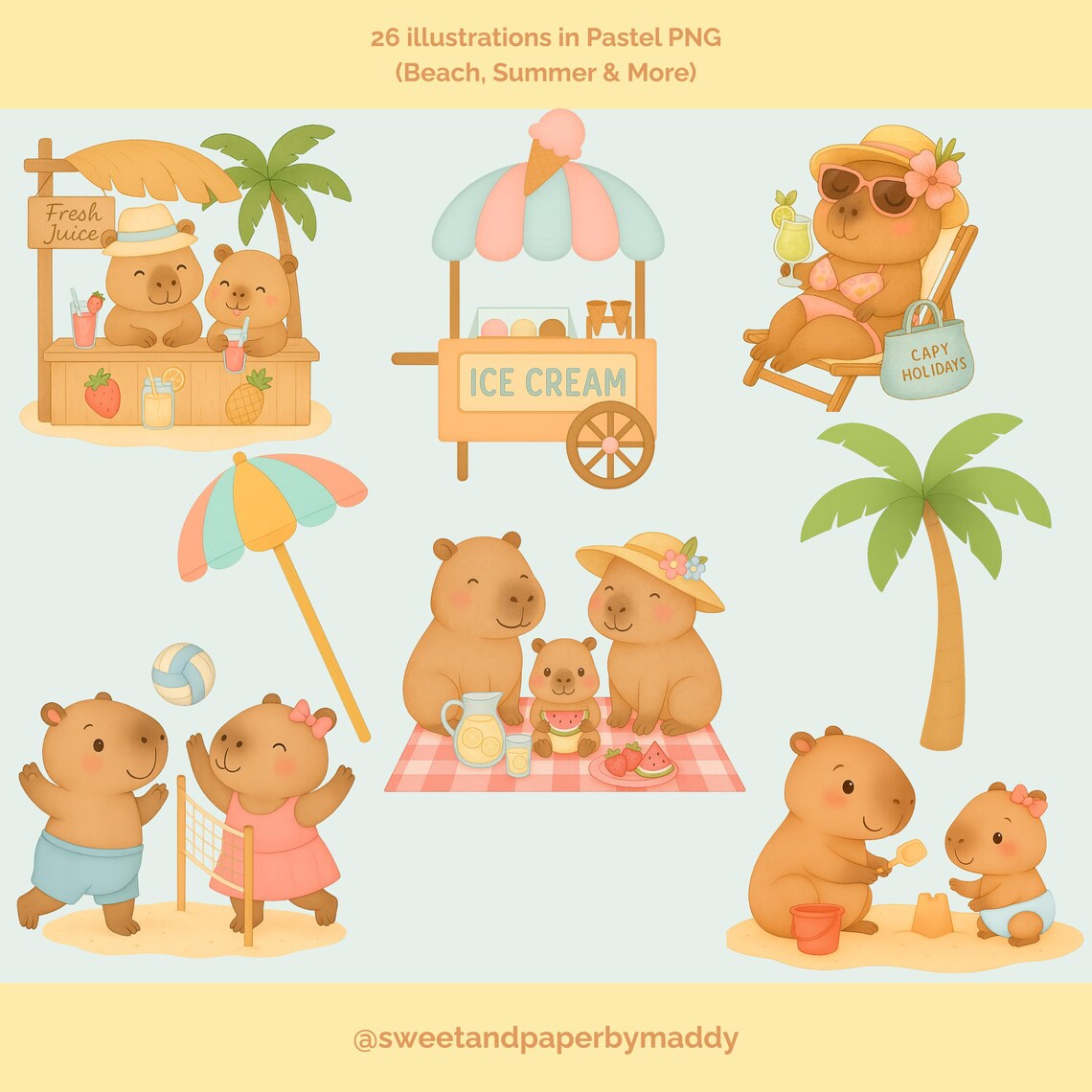 Kawaii Capybara Clipart: Summer Fun PNG Illustrations (digital Download ...