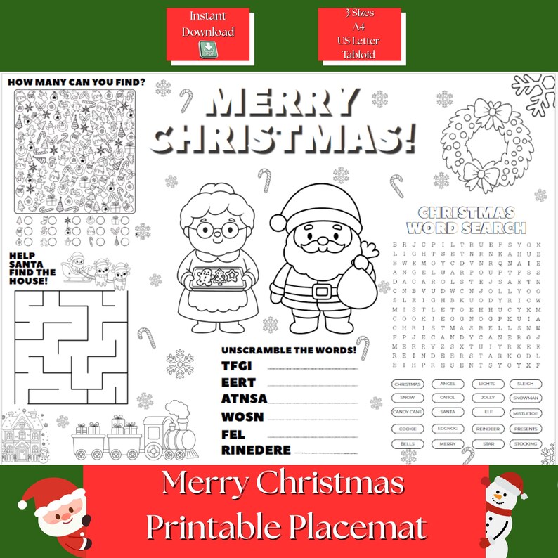 Christmas Activity Placemat – Printable Games & Coloring (PDF) - Etsy