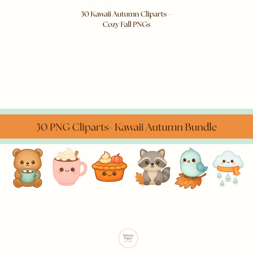 Kawaii Fall Clipart Bundle: Autumn Animals, Drinks, and Desserts (PNG ...