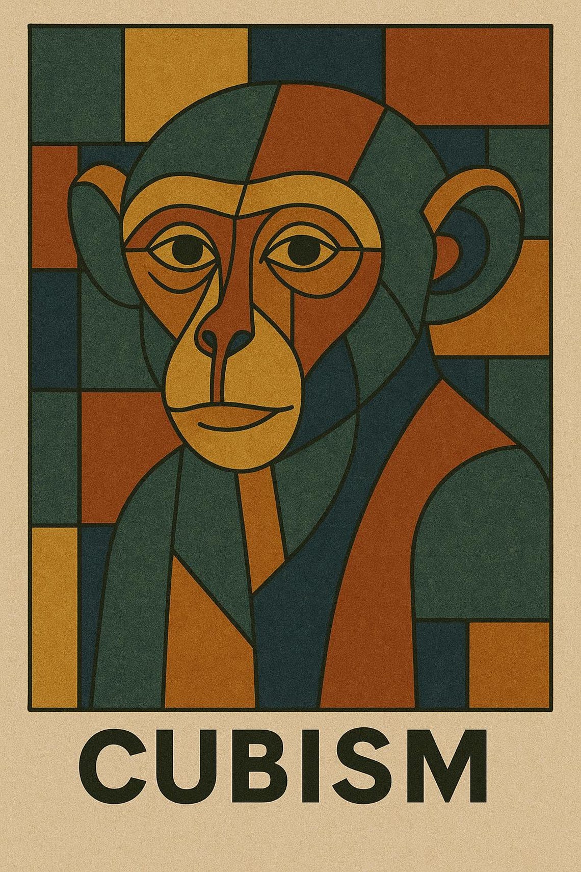 Cubist Art Print Set: Chimpanzee, Bull, Woman - Geometric Abstractions ...