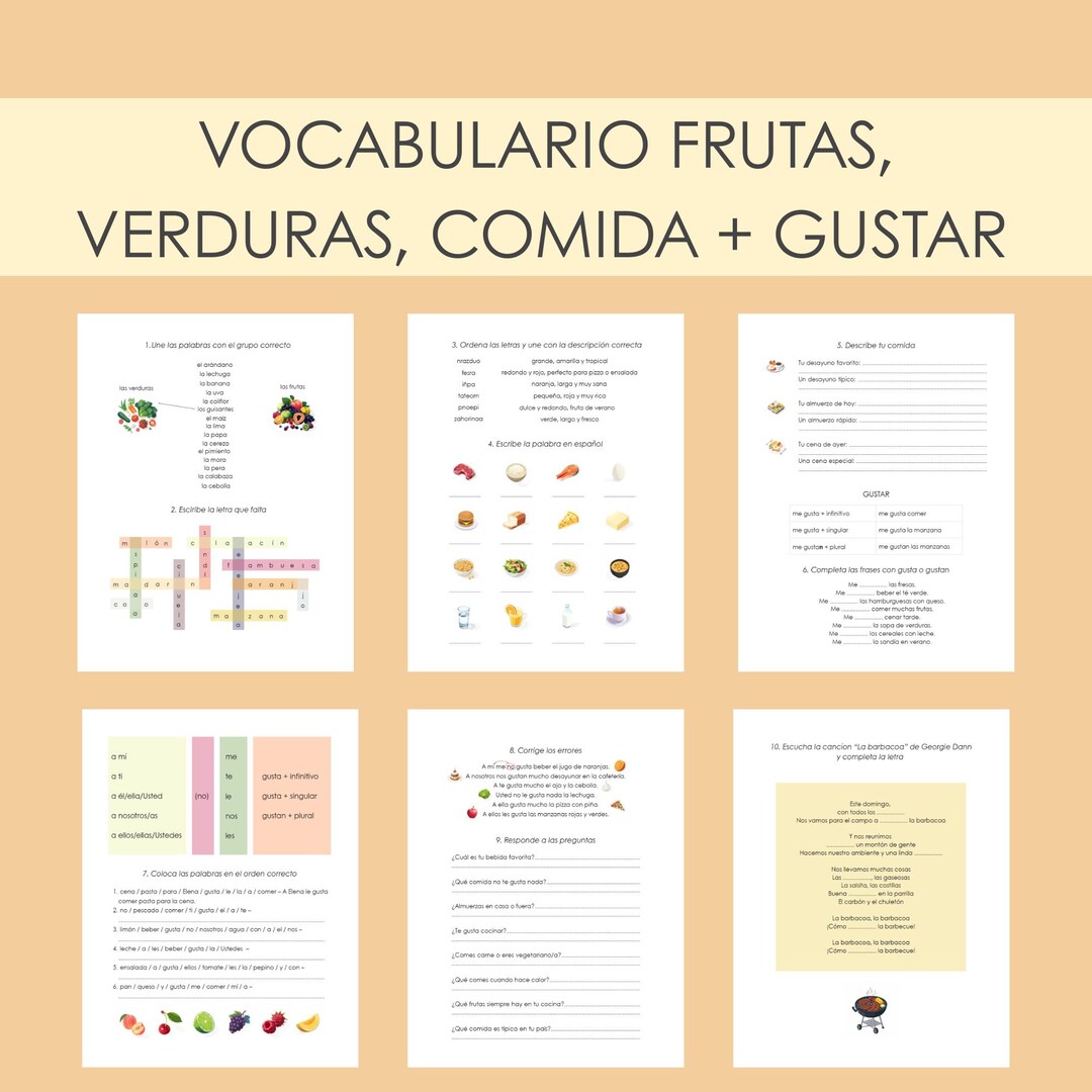 Spanish Food Worksheet & Gustar Verb Practice | Fruits and Vegetables ...