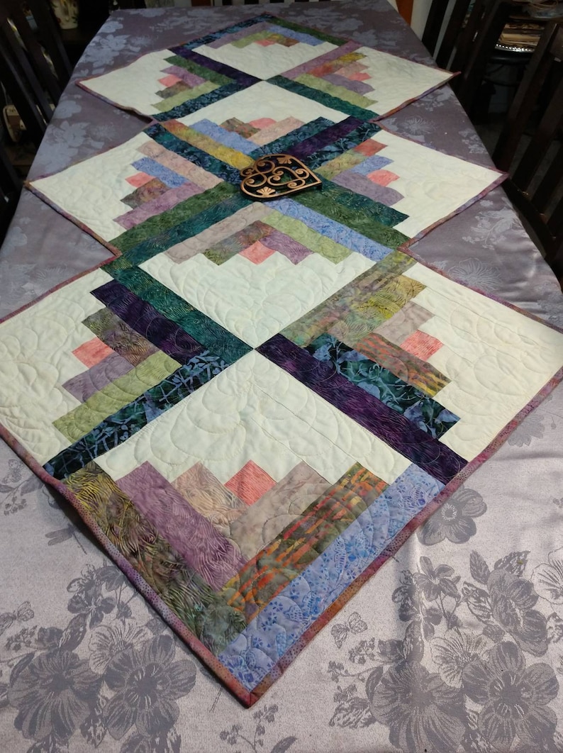 Log Cabin Batik Scrappy Quilted Table Runner Bed Runner Quiltsyhandmade ...