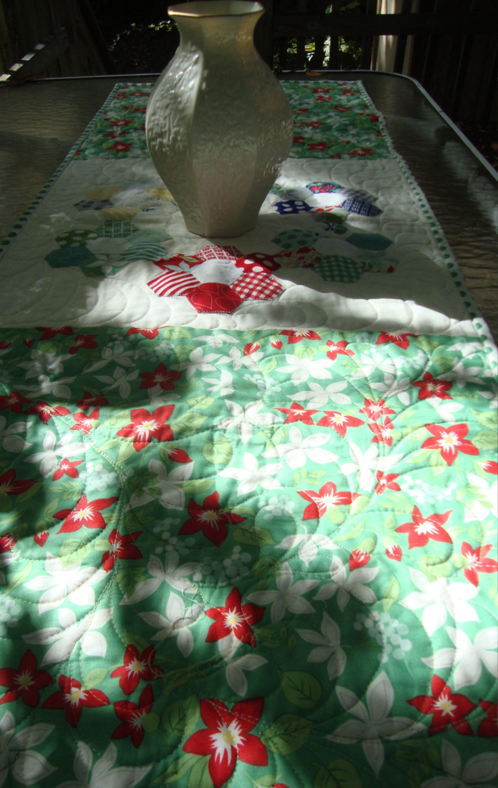 Table Runner With Hexagon Flower Center April Showers by Bonnie and ...