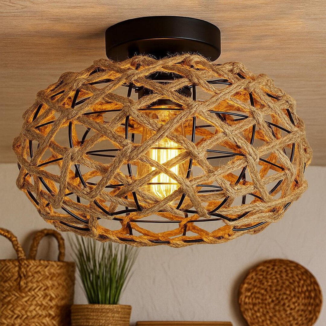 Boho Chic Rattan Ceiling Light, Woven Hemp Rope Semi Flush Mount ...