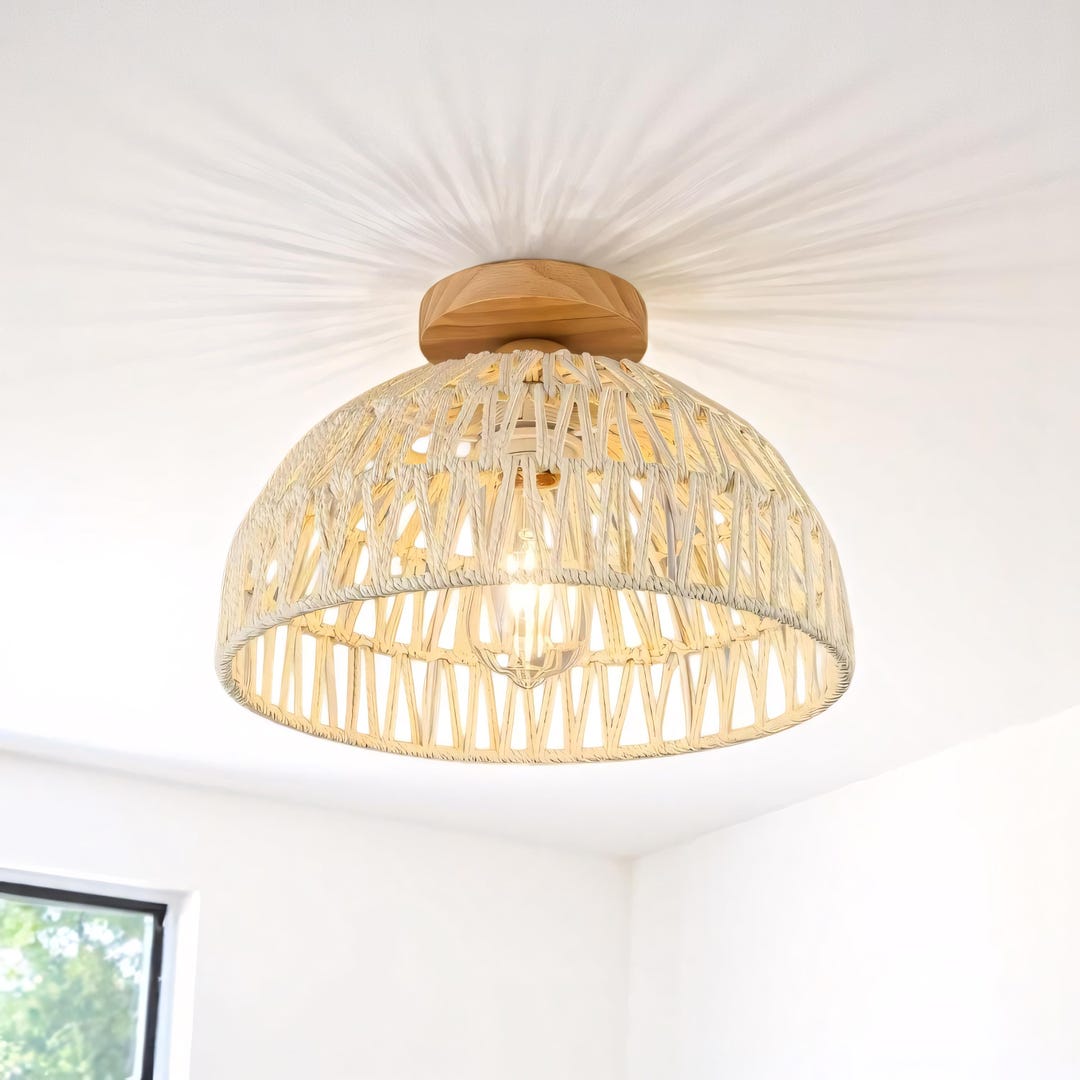 Handwoven Bohemian Rattan Ceiling Light: Wooden Base Flush Mount Close ...