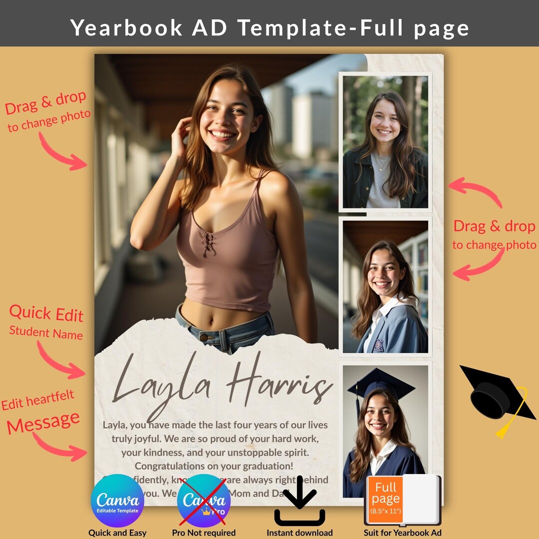 Senior Yearbook Ad Template, Full Page Yearbook for Girl, High School ...