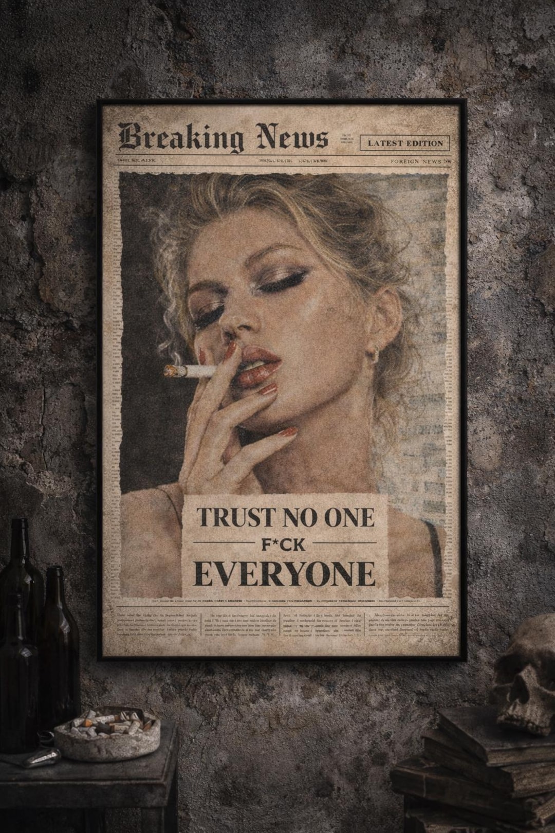 Edgy Newspaper Print, Dark Feminine Art, Trust No One Quote (digital ...