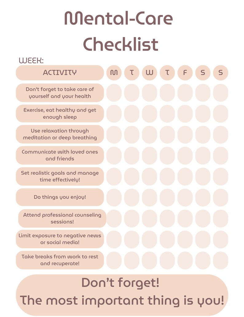 Mental Health and Self-care Checklist. Digital & Printable Planner ...