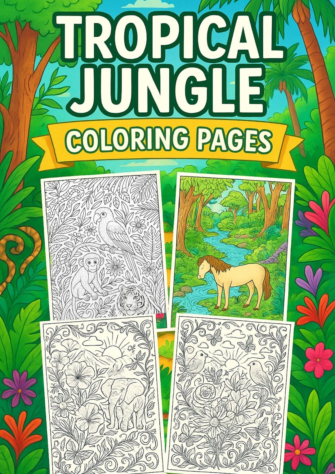 Printable Tropical Jungle Coloring Pack – 4 PDF Pages – Adult & Kids ...