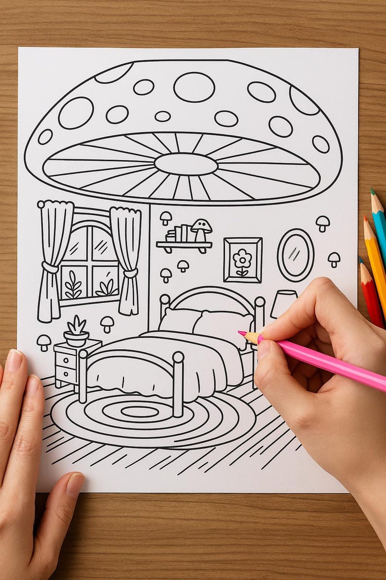 6 Cozy Mushroom House Coloring Pages for Adults & Kids | Printable ...