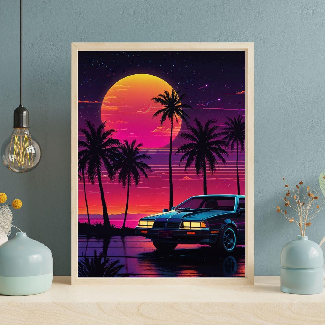 Neon 80s Sunset Landscape Digital Wall Art, Retro 80s Sunset Digital ...