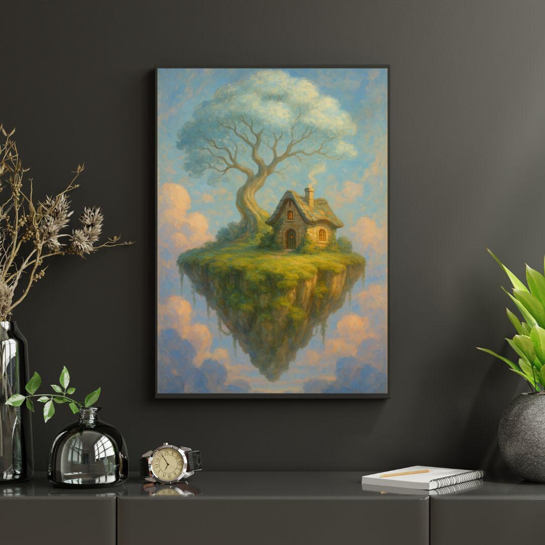Surreal Floating Island Wall Art, Fantasy Tree Cottage Sky Print ...