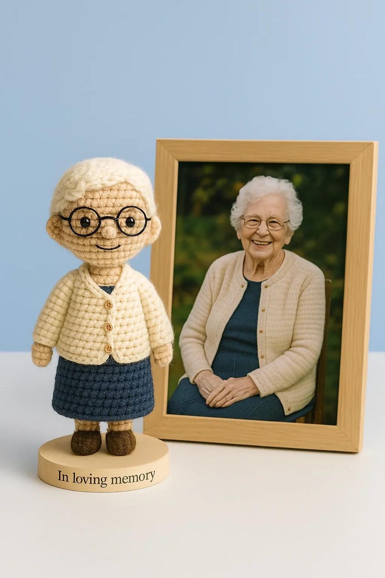 Personalized Crochet Memorial Doll: Engraved Wood Base, NFC Memory ...
