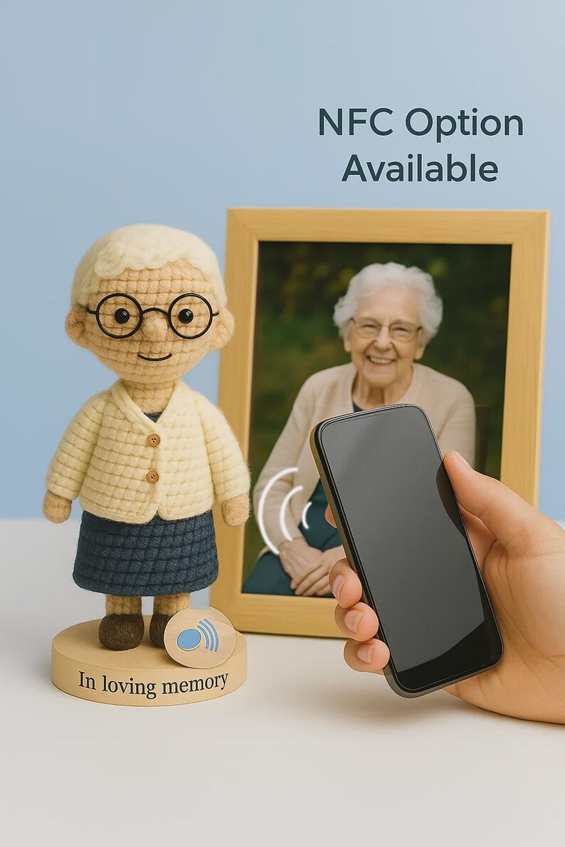 Personalized Crochet Memorial Doll: Engraved Wood Base, NFC Memory ...