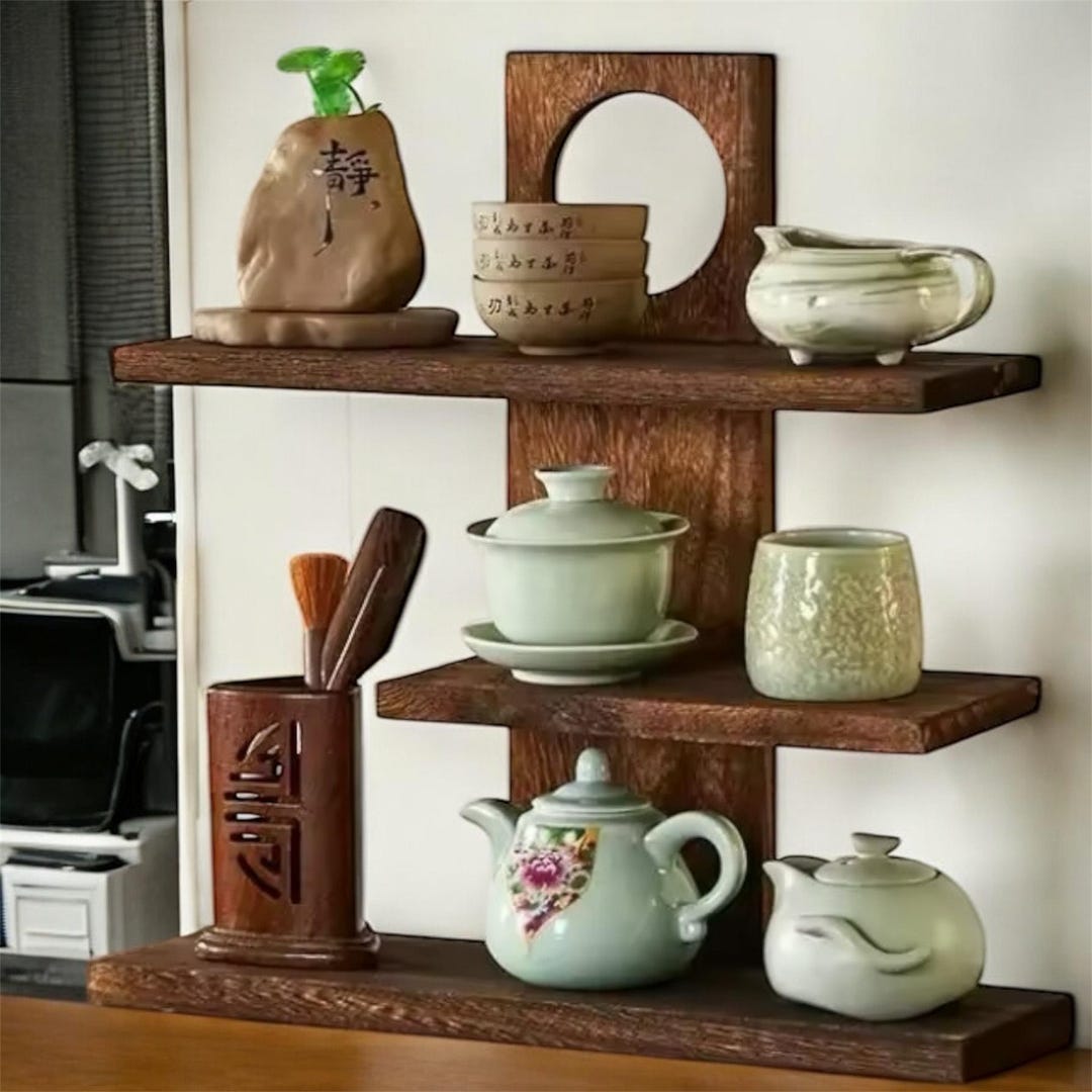 Solid Wood Teapot Display Stand – Handmade Tea Set Shelf for Home Decor ...