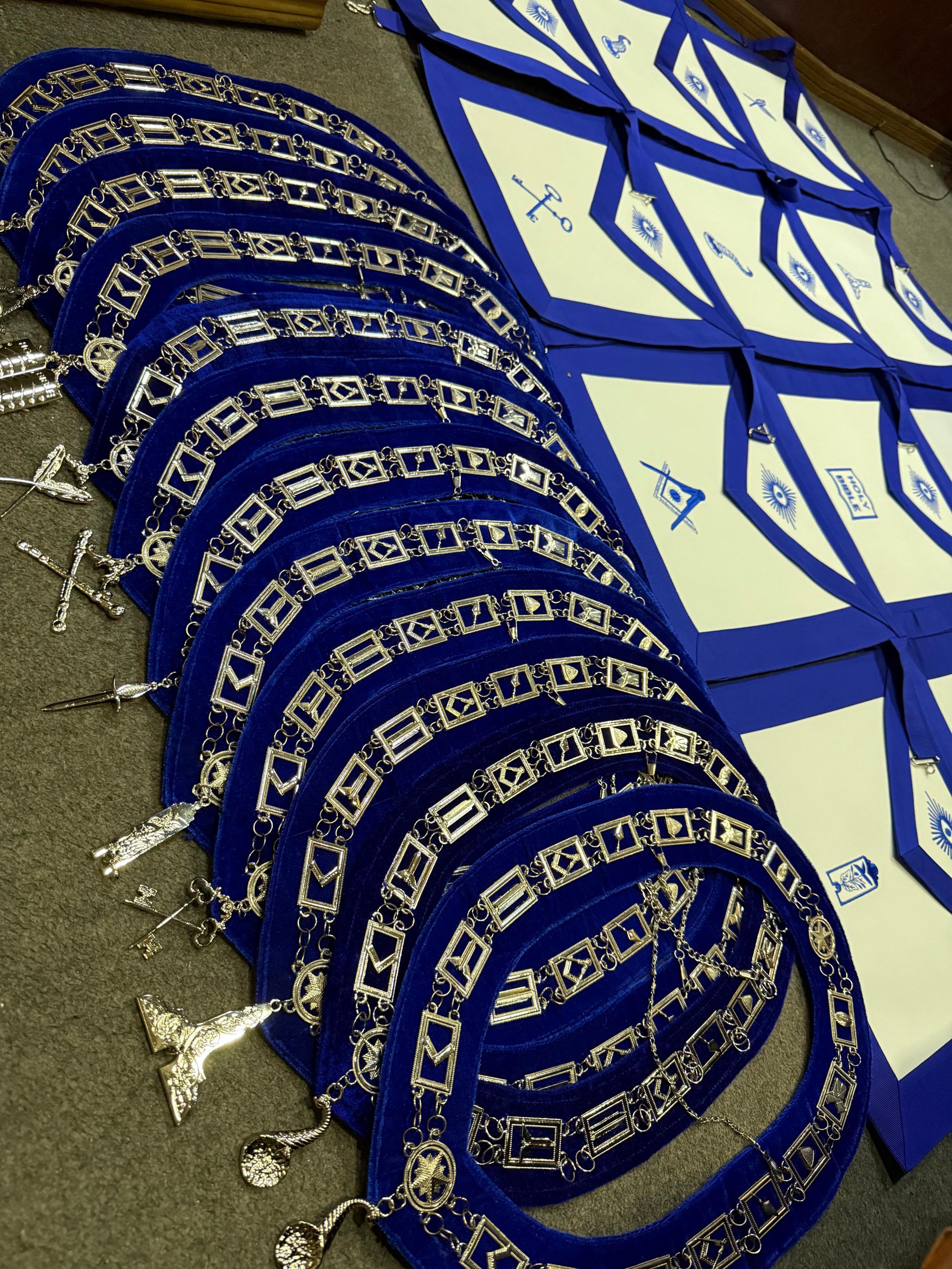 Masonic Blue Lodge Officer Regalia Set: 12 Aprons, Collars, Jewels ...