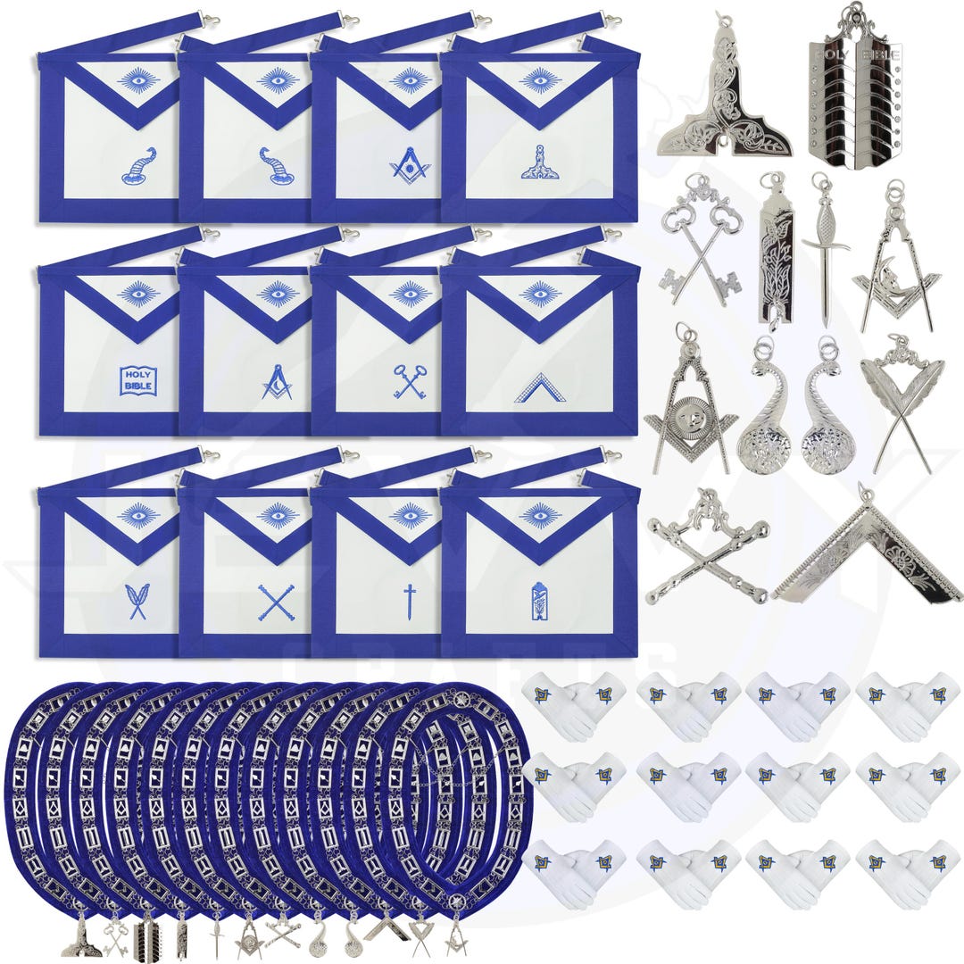 Masonic Blue Lodge Officer Regalia Set: 12 Aprons, Collars, Jewels ...