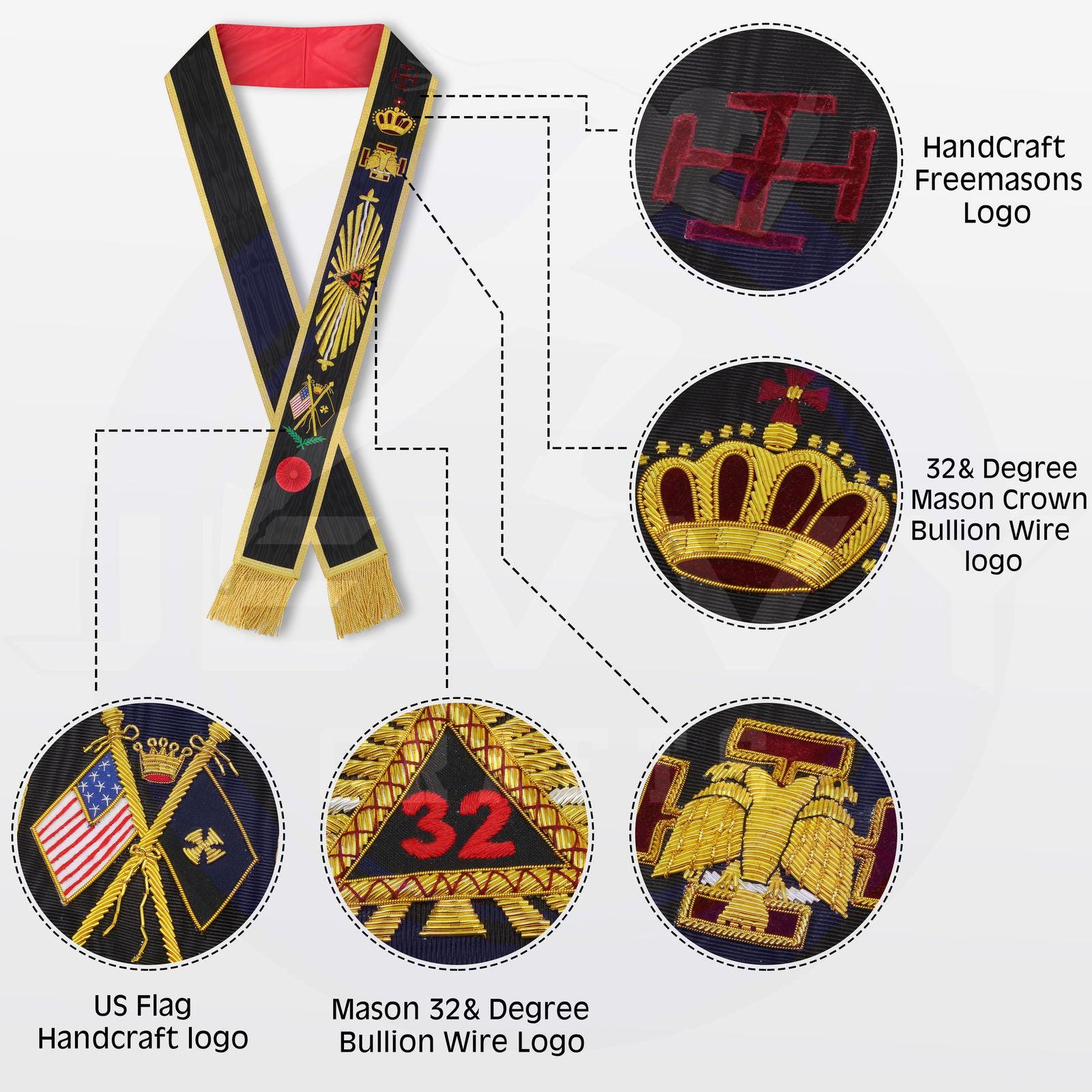 Masonic Scottish Rite 32nd Degree Rose Croix Embroidered Sash With ...