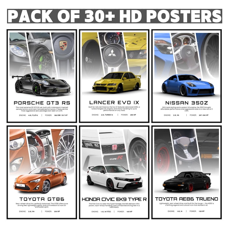Car Poster Set: 35 Racing & Sportscar Prints - JDM Decor (digital ...