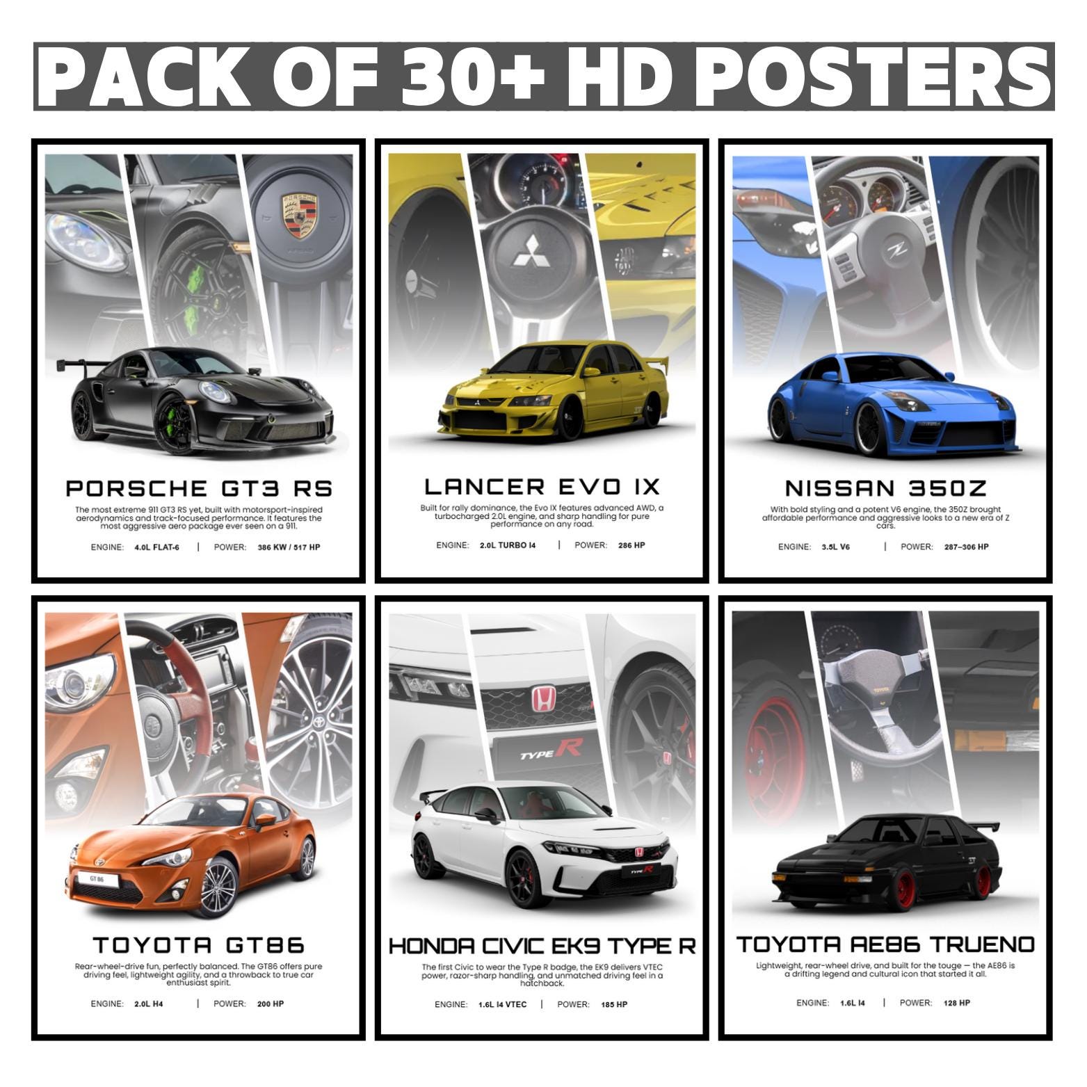 Car Poster Set: 35 Racing & Sportscar Prints - JDM Decor (digital ...