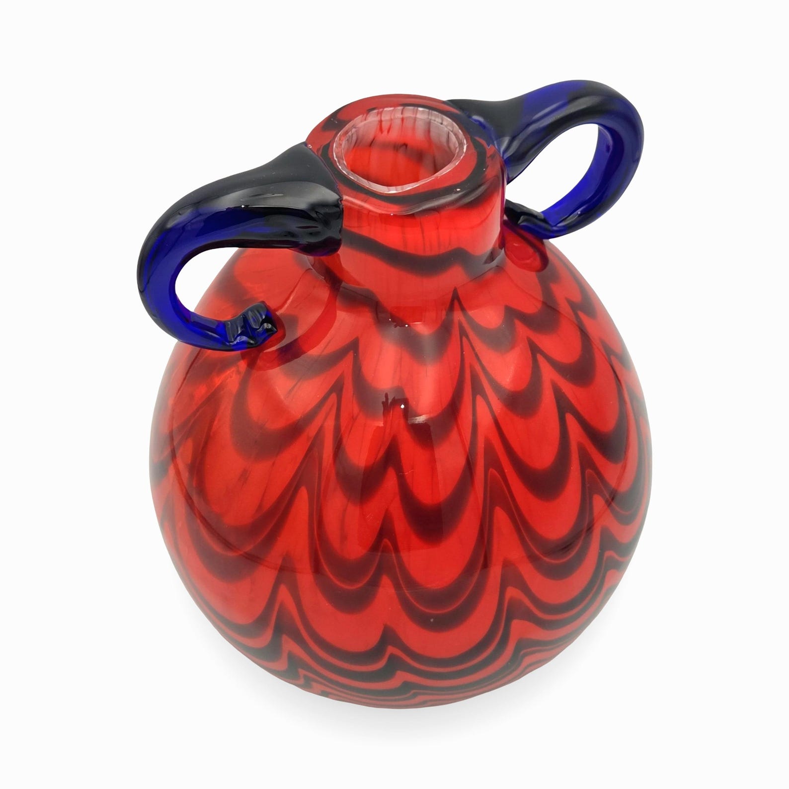 Vintage Murano Style Art Glass Vase • Red & Black Pulled Feather Swirl ...