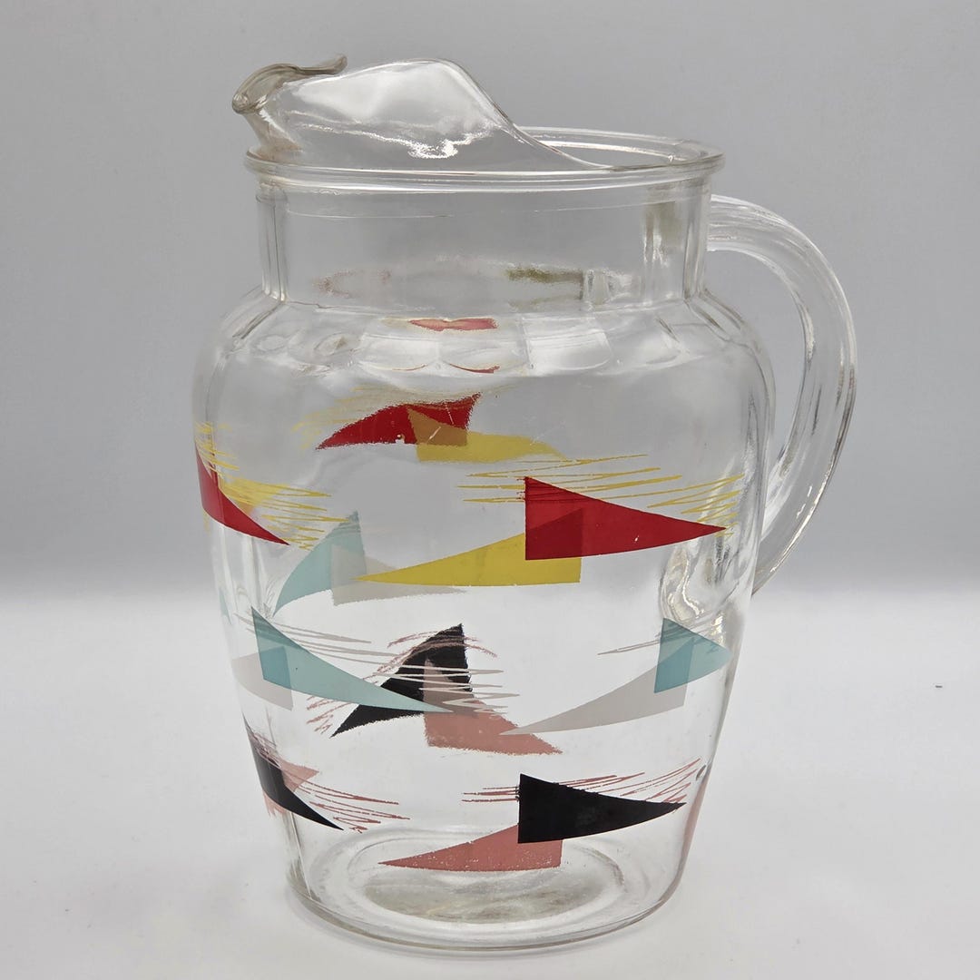 Vintage Glass Water Pitcher Colorful Geometric Triangles 1950s Mid ...