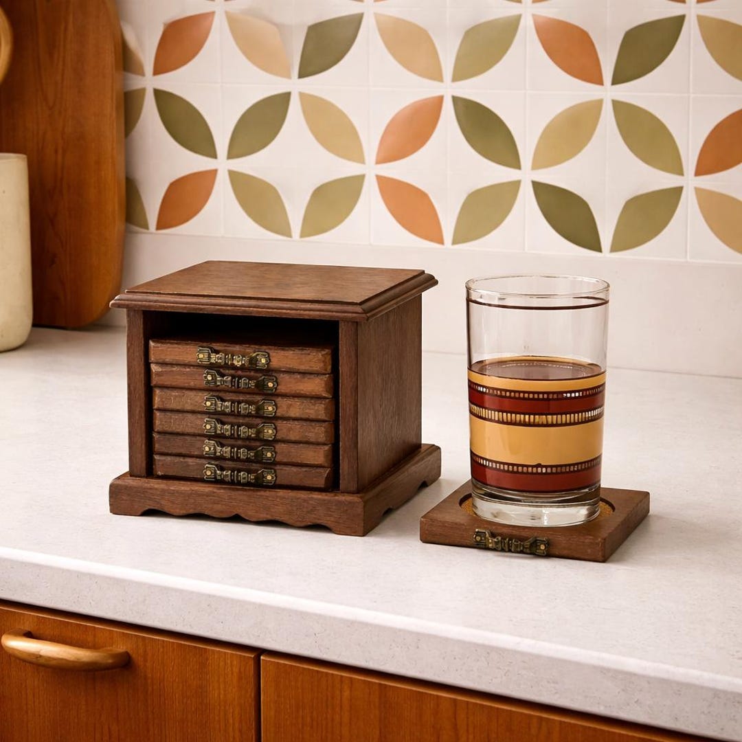 Vintage Wooden Coaster Set With Holder Mid Century Barware Set of 6 - Etsy