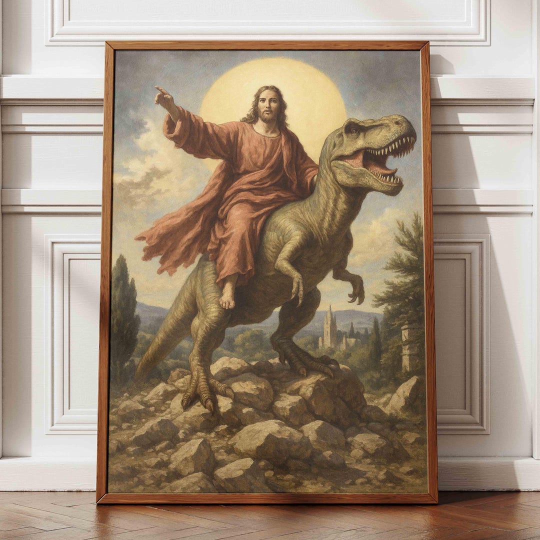 Jesus Riding a T-rex Art Print, Surreal Religious Dinosaur Painting ...