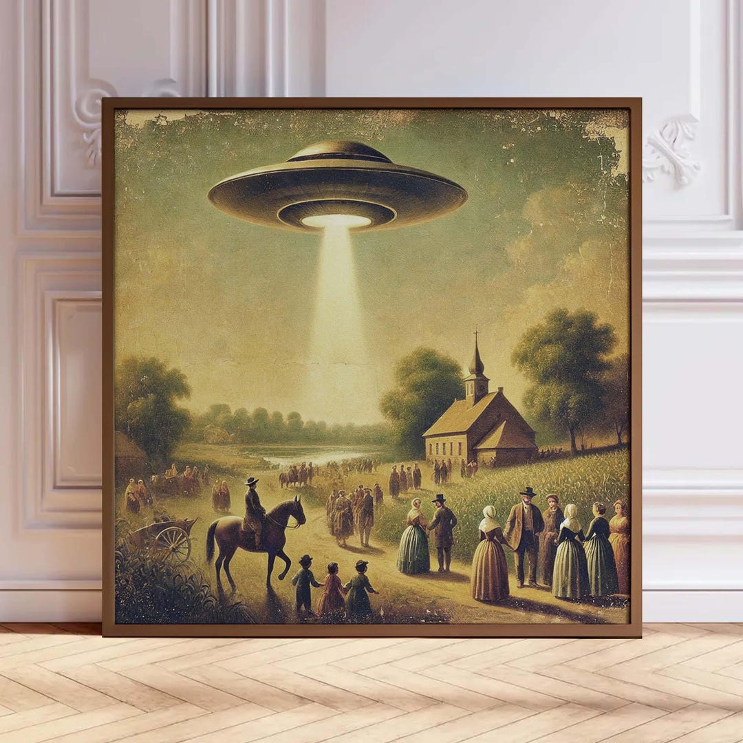 Square Art Vintage UFO Oil Painting Print | Old West Alien Encounter ...